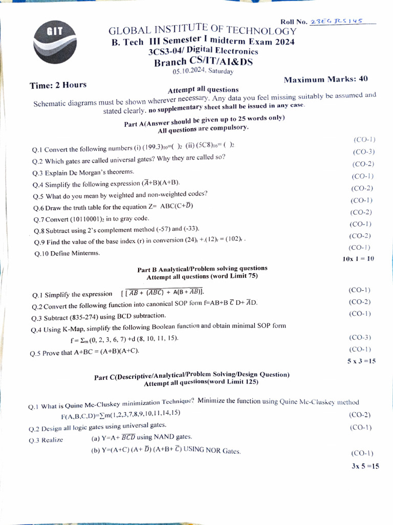 Sem 3 Mid 1 Que Papers | PDF | Mathematical Logic | Computer Programming