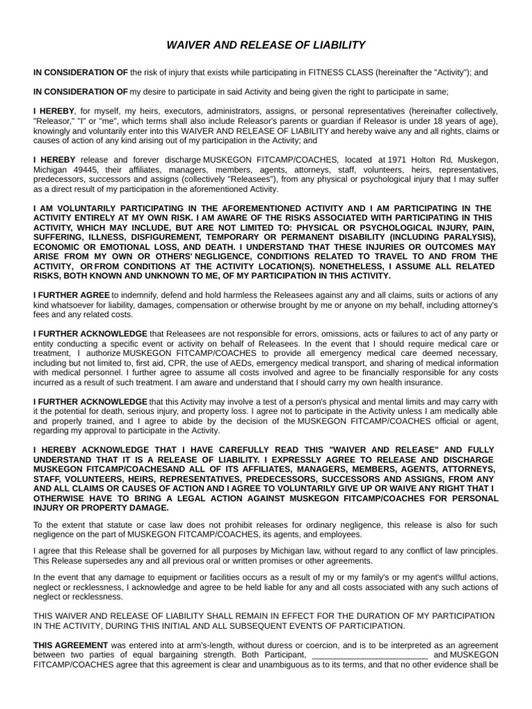 Fitness Class Liability Waiver Form | PDF | Legal Liability | Indemnity