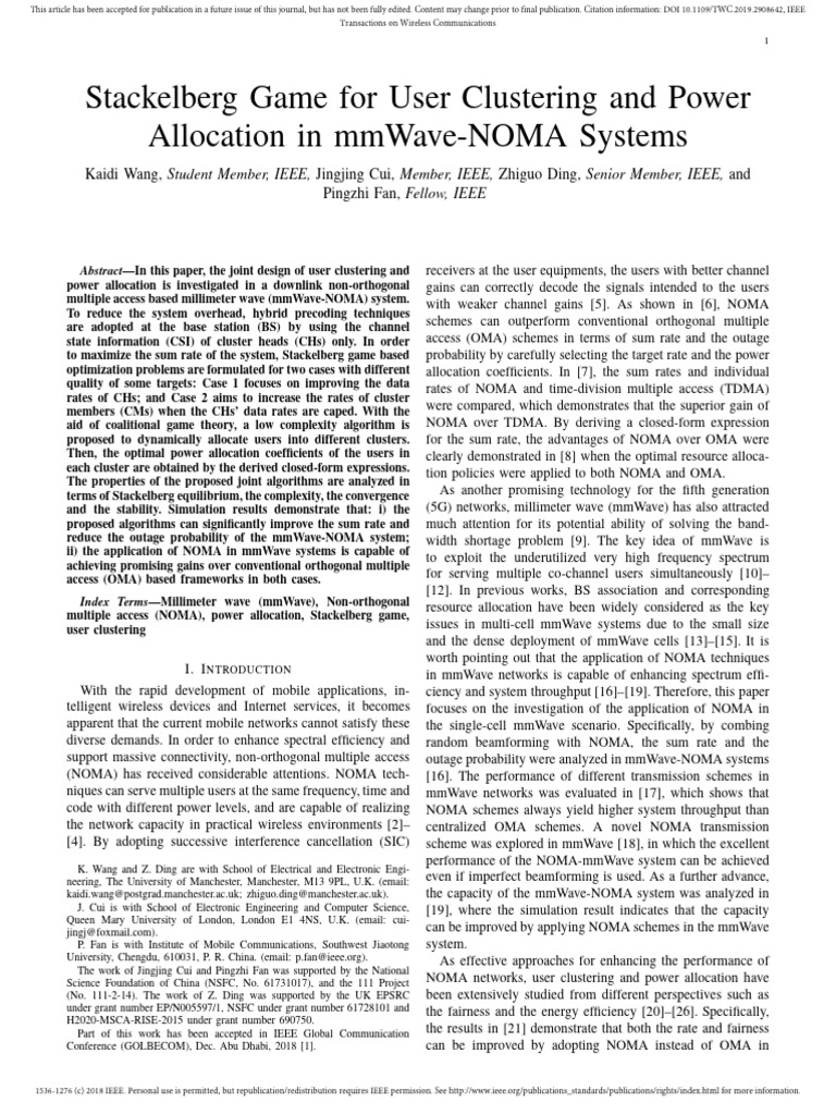 Stackelberg Game For User Clustering and Power | PDF | Cluster Analysis | Channel Access Method
