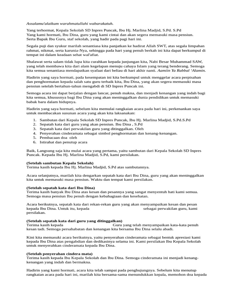 SUSUNAN ACARA PERPISAHAN IBU DINA | PDF