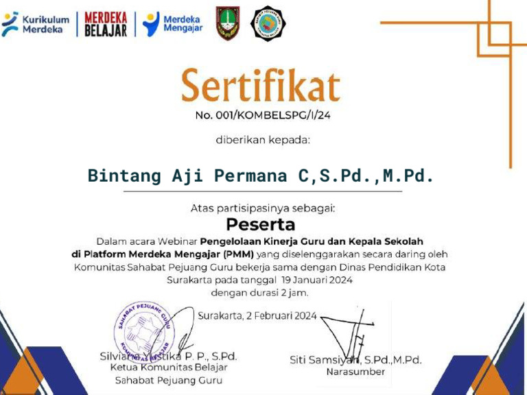 SERTIFIKAT Bintang Aji Permana C, S.Pd.,M.Pd. | PDF