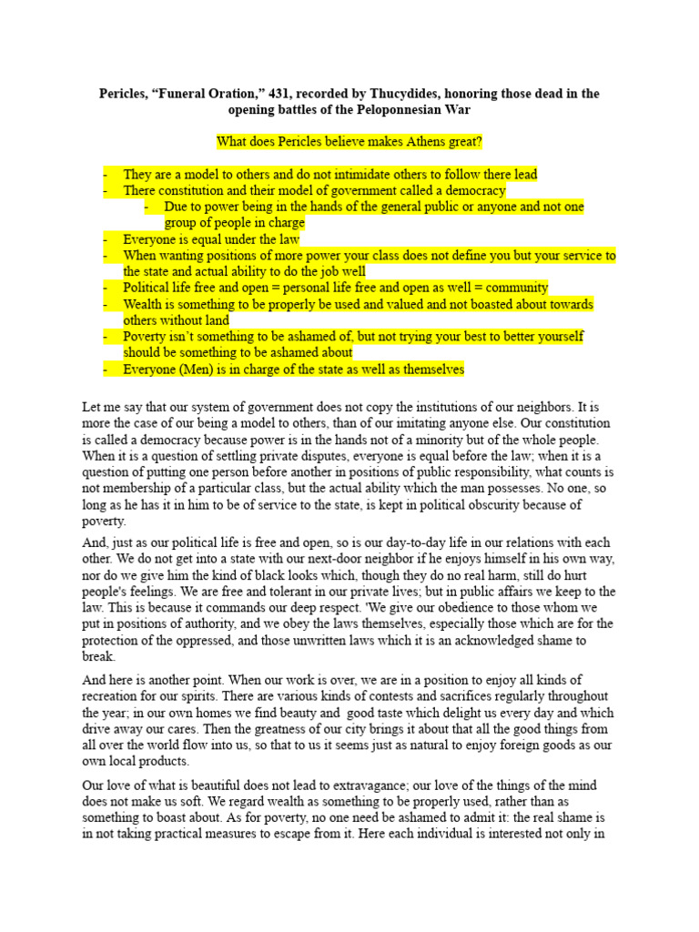 Pericles' Funeral Oration, Reading and Question - 10 - 14 - 24 - Classical Med | PDF
