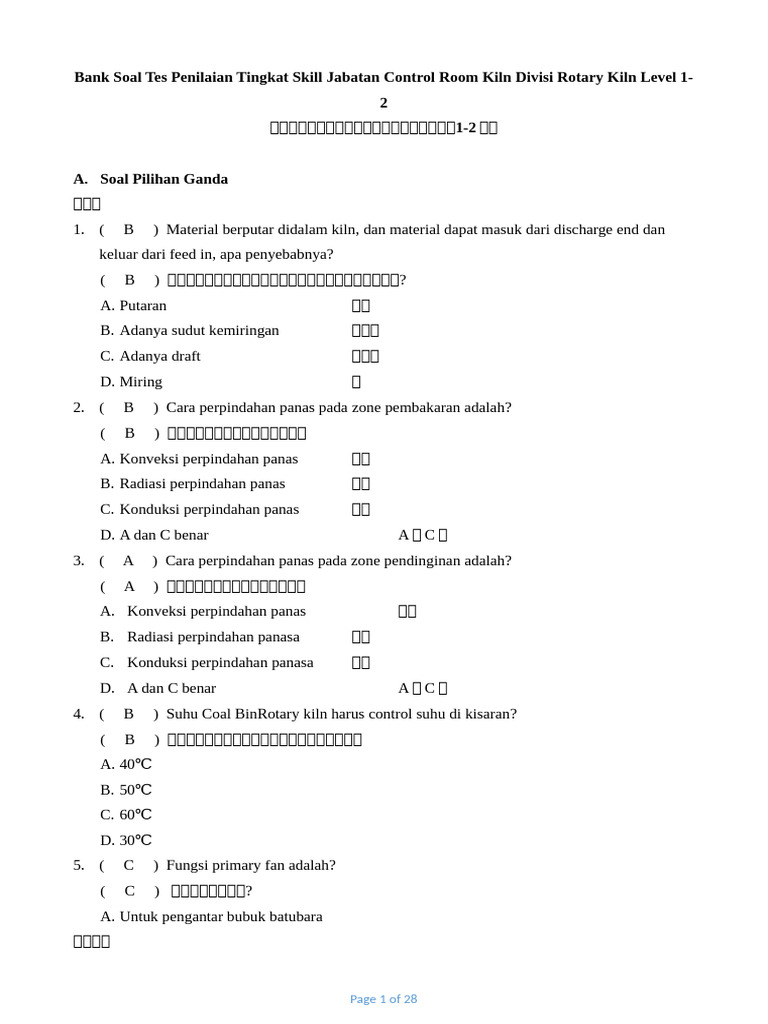 Soal Penilaian Operator Control Room Kiln | PDF