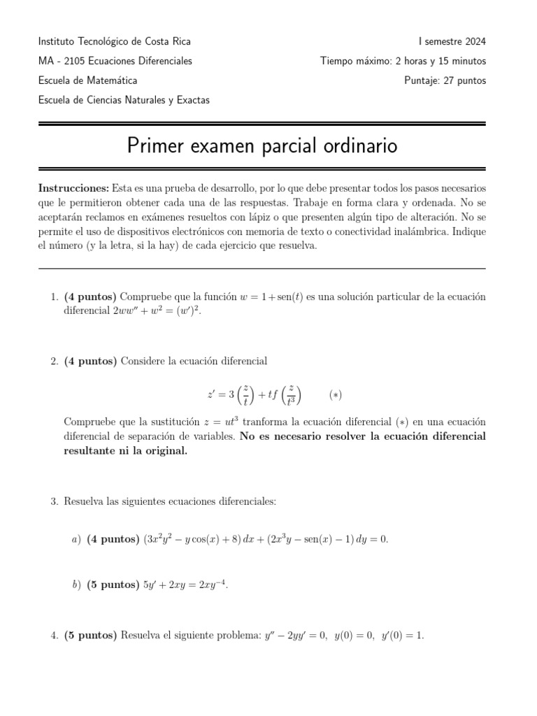 ED 2024 1 Examen1 | PDF | Ecuaciones | Ecuaciones diferenciales
