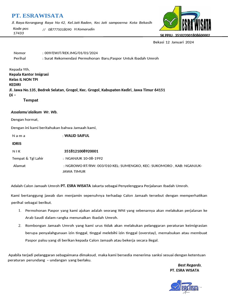 Surat Rekom Paspor WALID SAIFUL IDRIS MR | PDF
