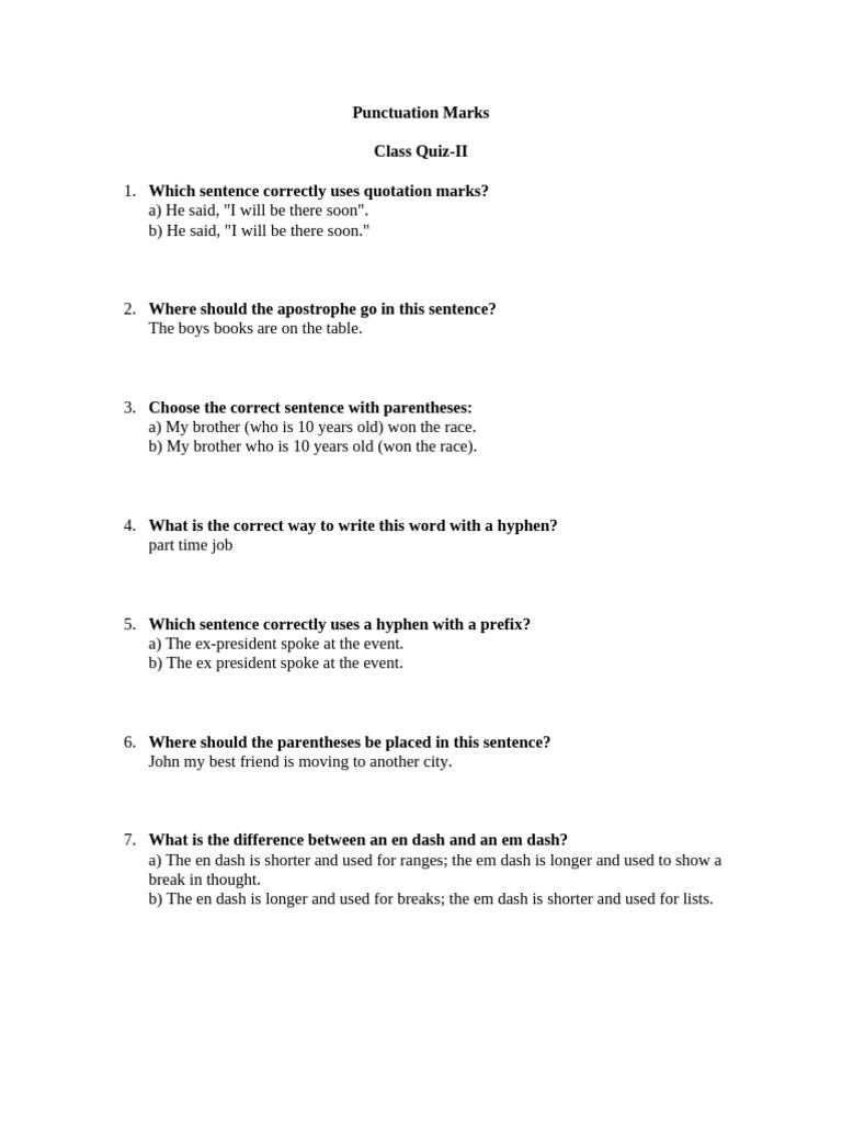 Punctuation Marks (Class Quiz-II) | PDF