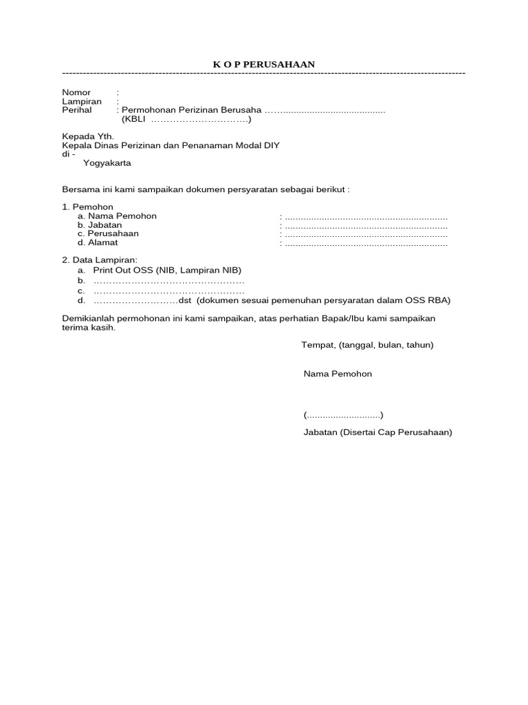 Contoh Surat Permohonan_OSS RBA | PDF