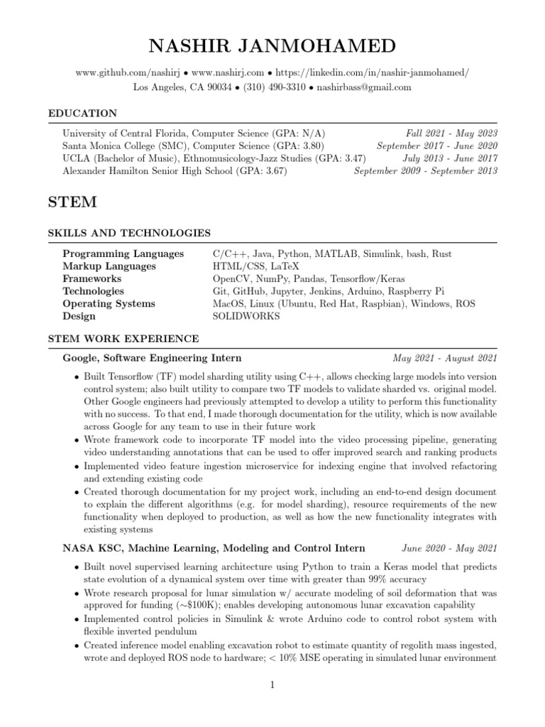 Nashir Janmohamed CV | PDF | Jazz | Nasa