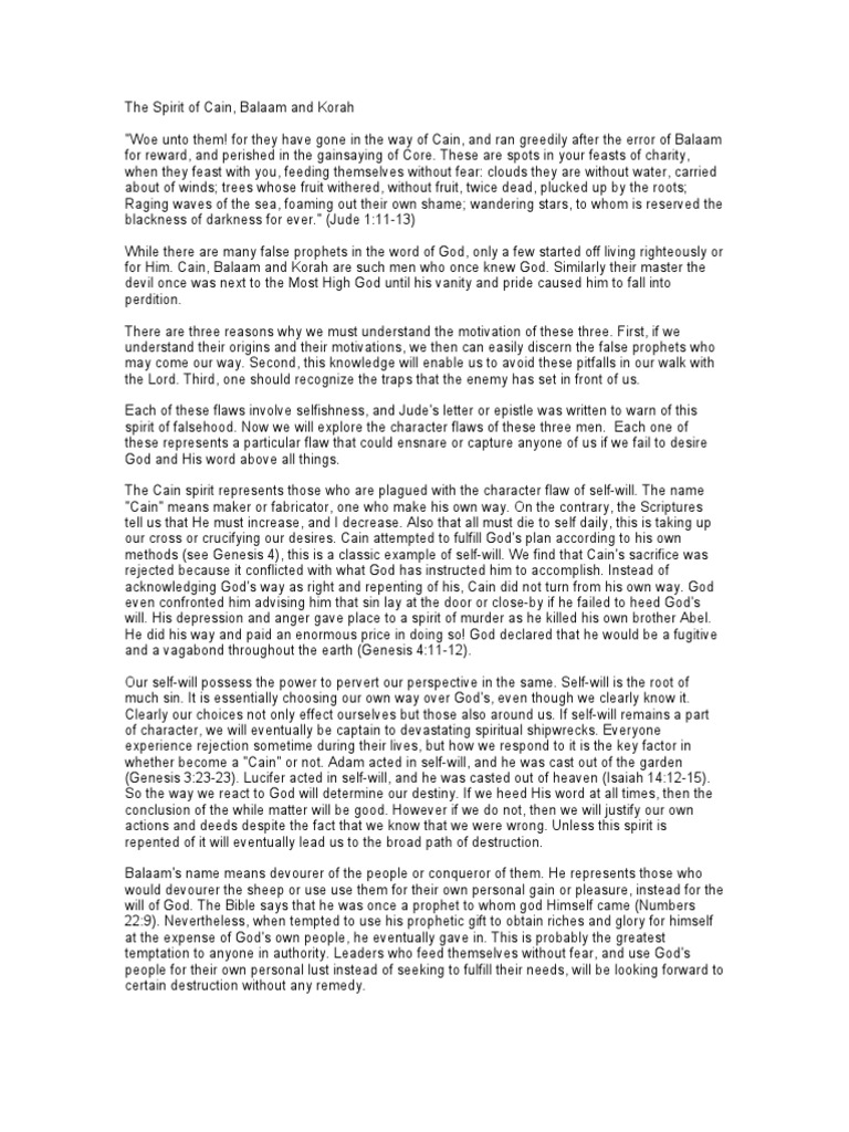 The Spirit of Cain, Balaam and Korah | PDF | Cain And Abel | Christianity