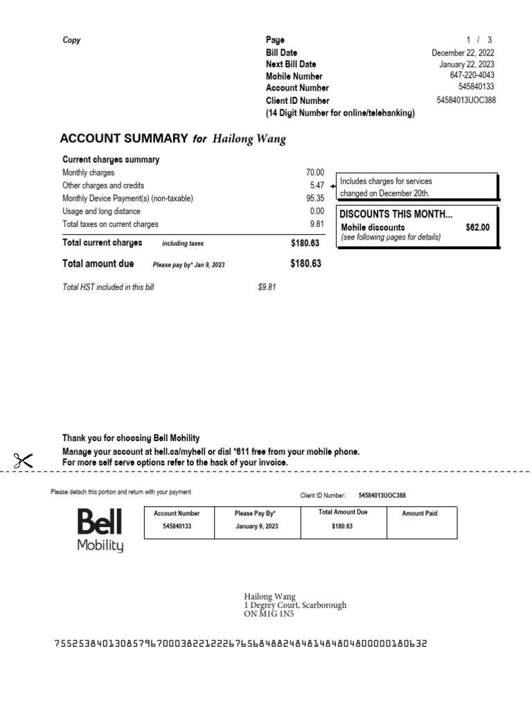 Bell Mobility Invoice Summary | PDF | Payments | Credit Card