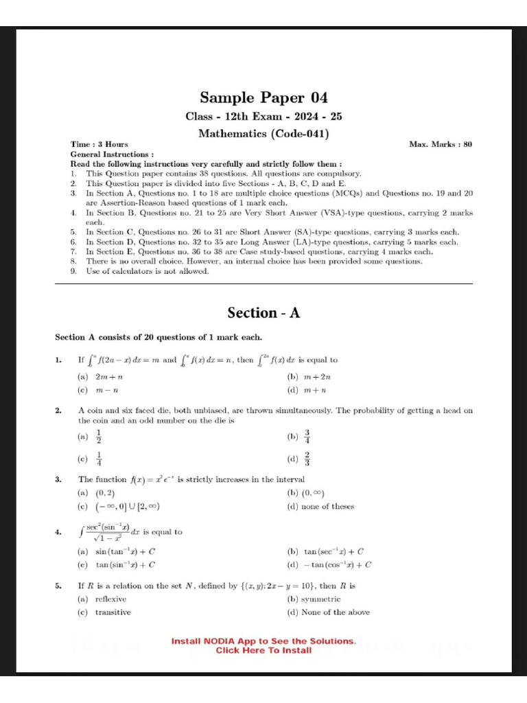 Math sample paper 4 XII | PDF