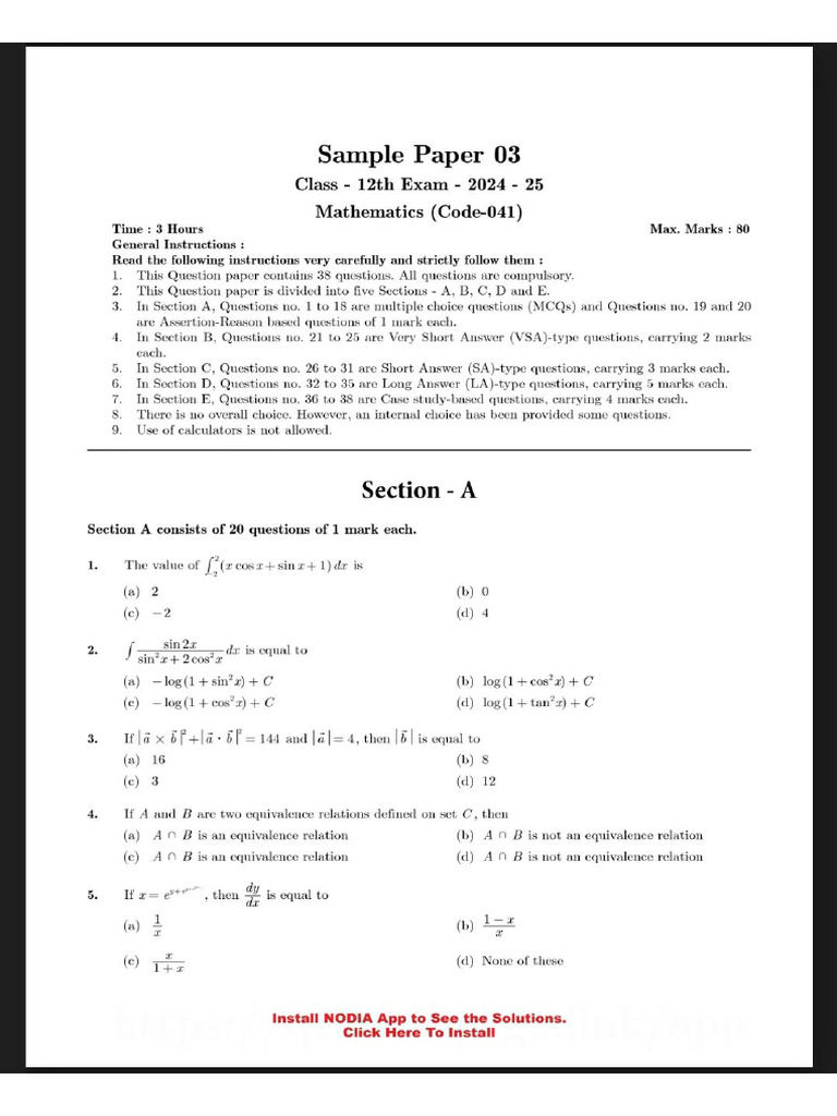 Math sample paper 3 XII | PDF