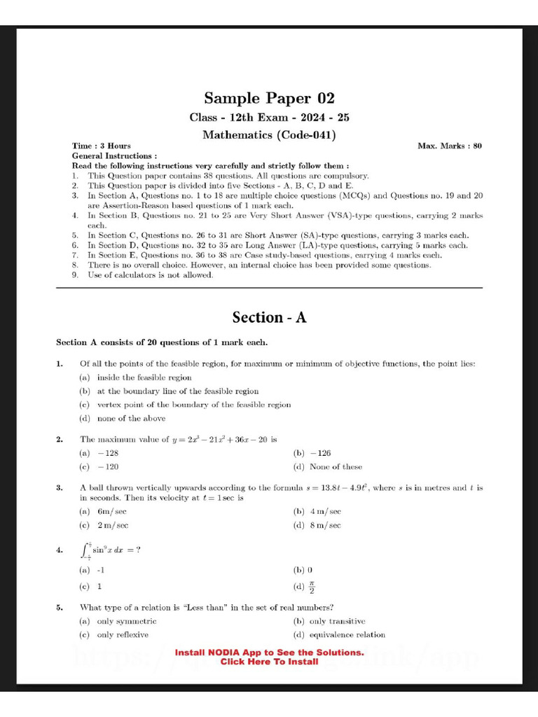 Math Sample Paper 2 XII | PDF