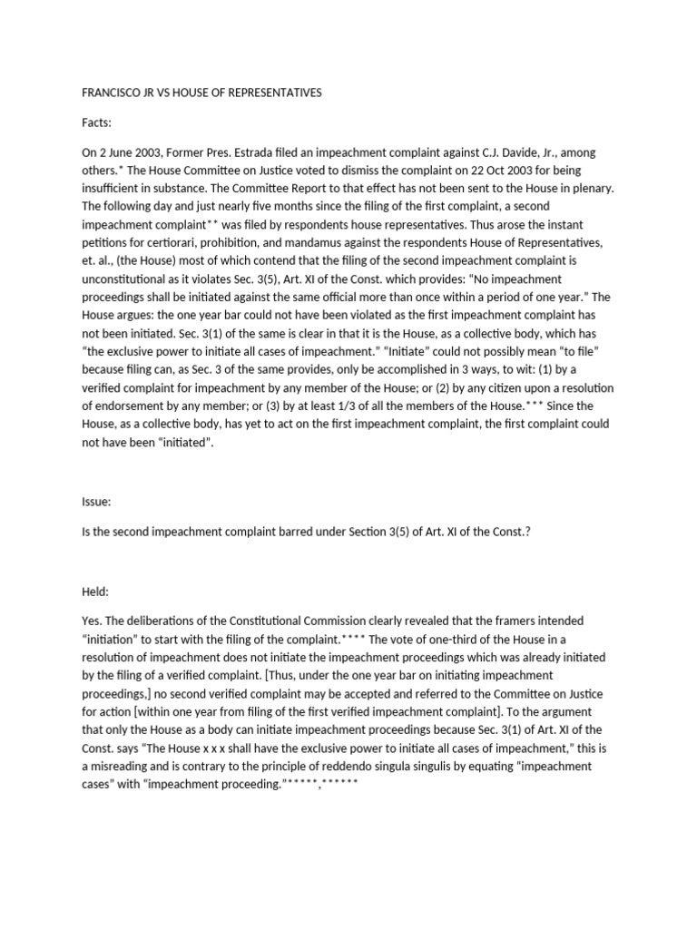 FRANCISCO-JR-VS-HOUSE-OF-REPRESENTATIVES | PDF | Impeachment | Justiciability