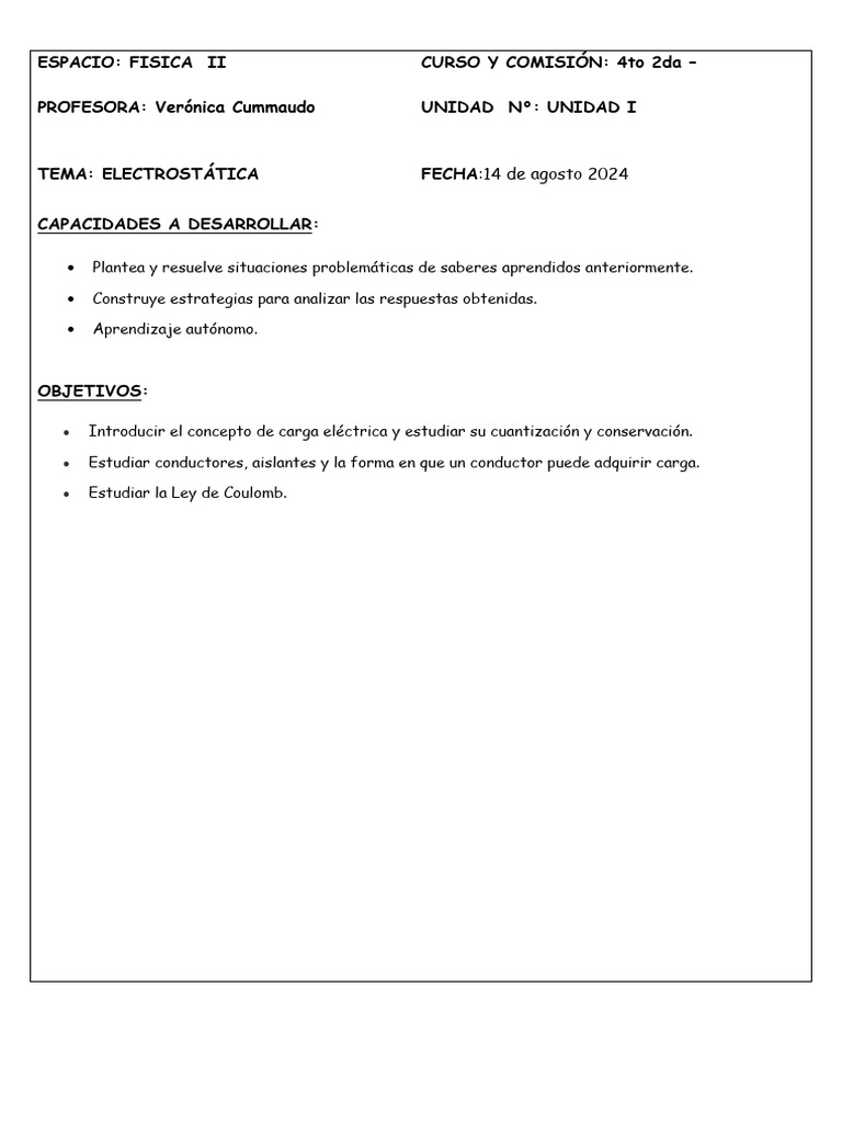 1-Electrostatica - FISICA II-Veronica Cummaudo | PDF | Fuerza | Electrón