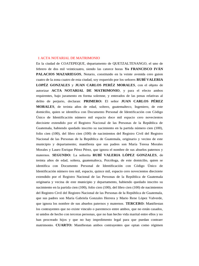 1 Acta Notarial de Matrimonio | PDF | Matrimonio | Matrimonio civil