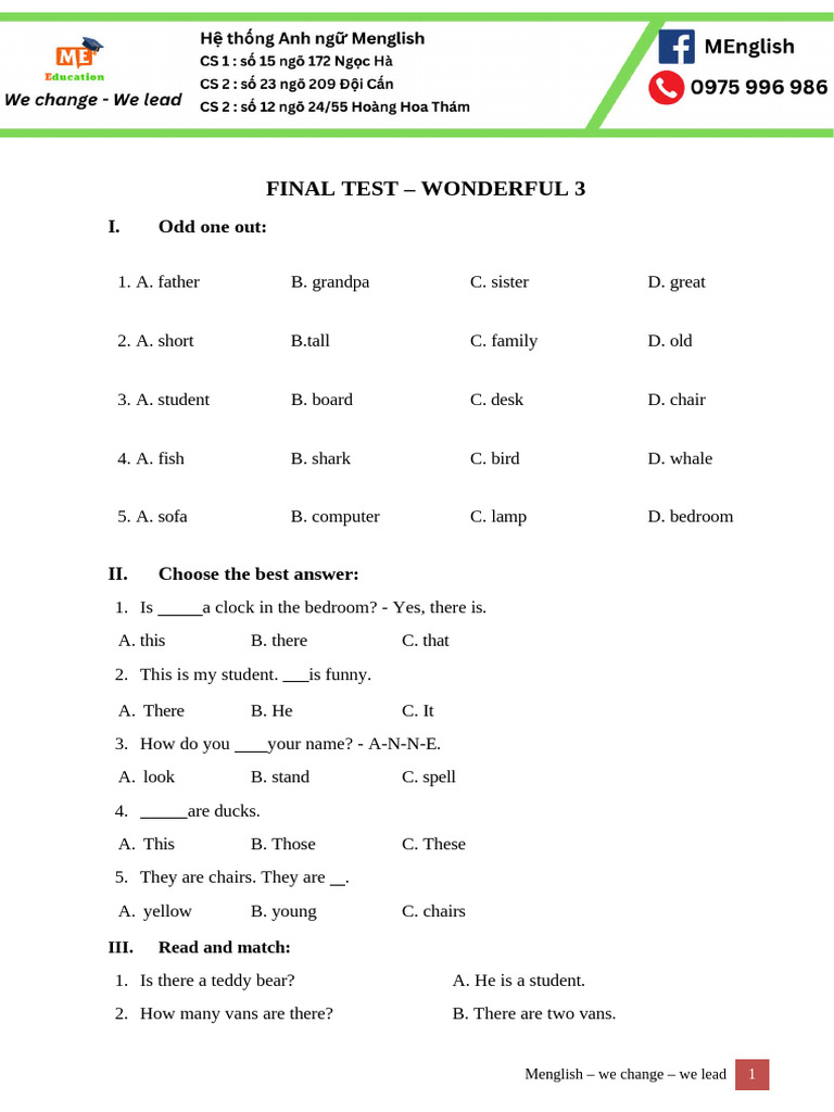 Final Test Semester 1 Grade 3 Wonderful World Pdf