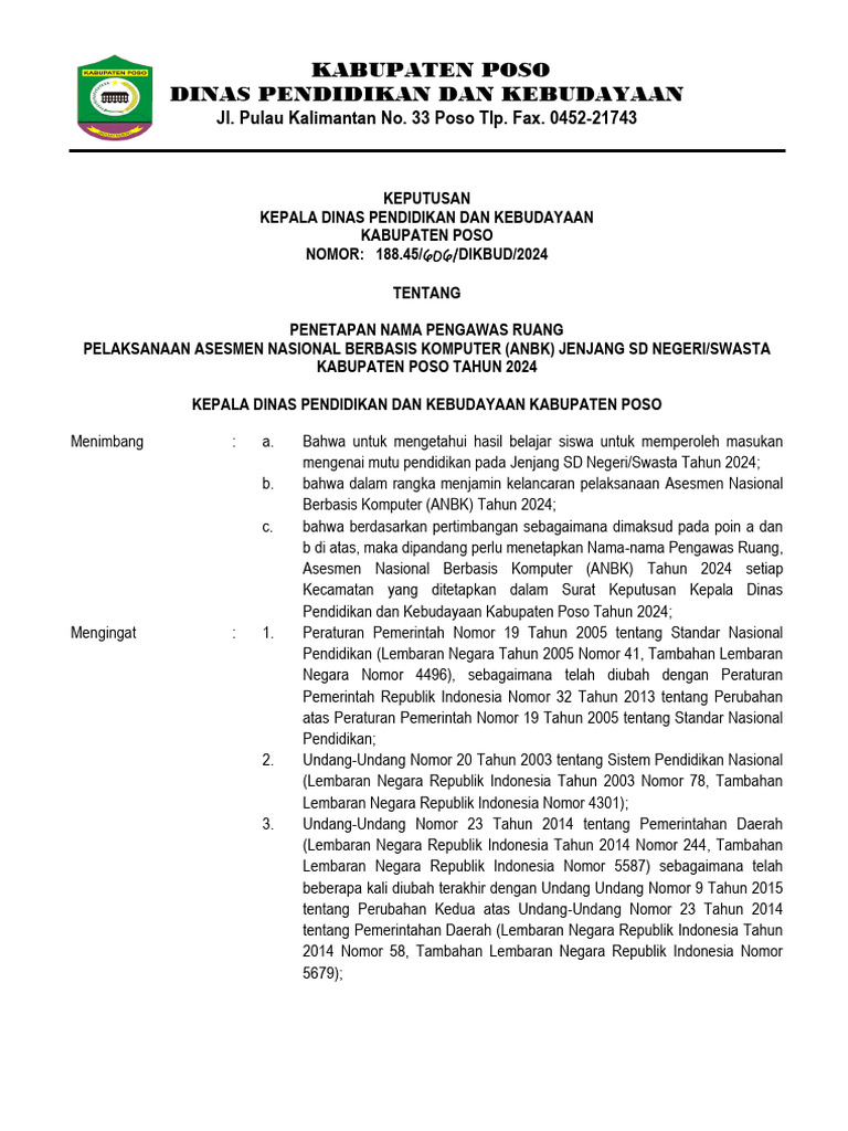 SK Pengawas Ruang Anbk SD | PDF