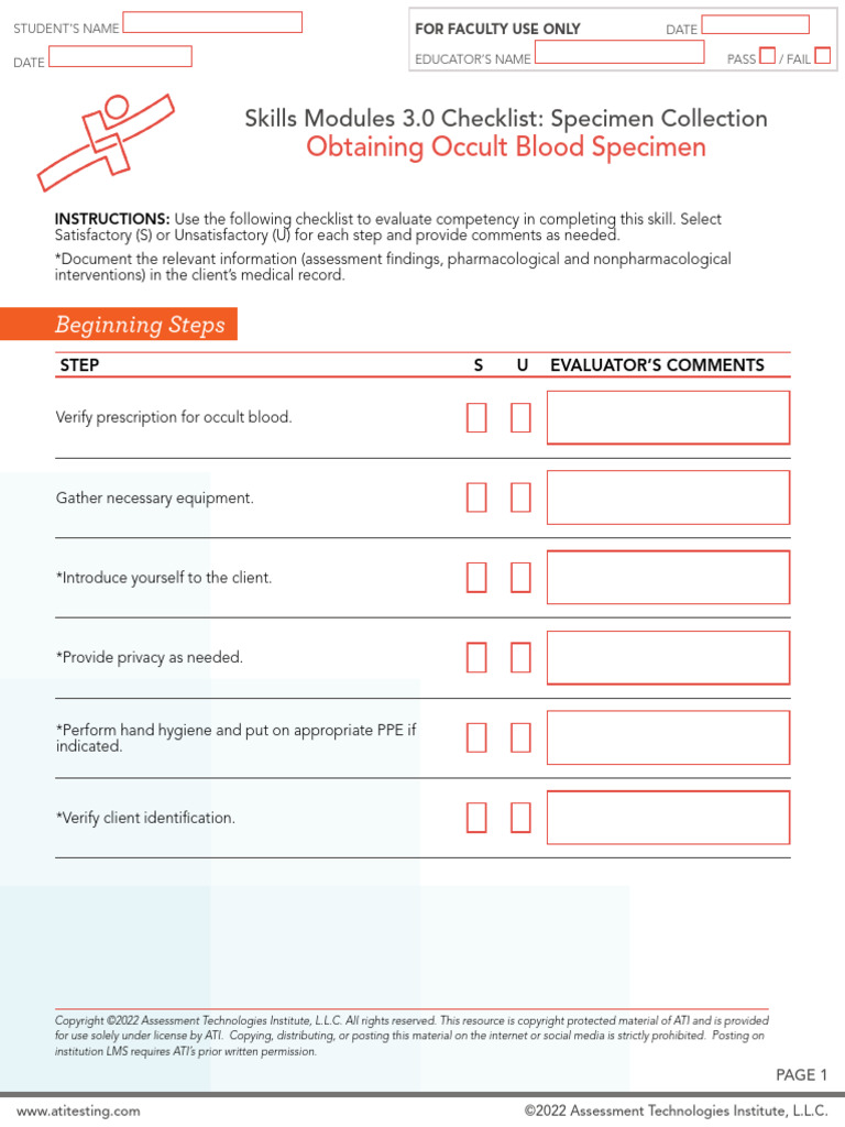 Skills Checklist Specimen Occult | PDF