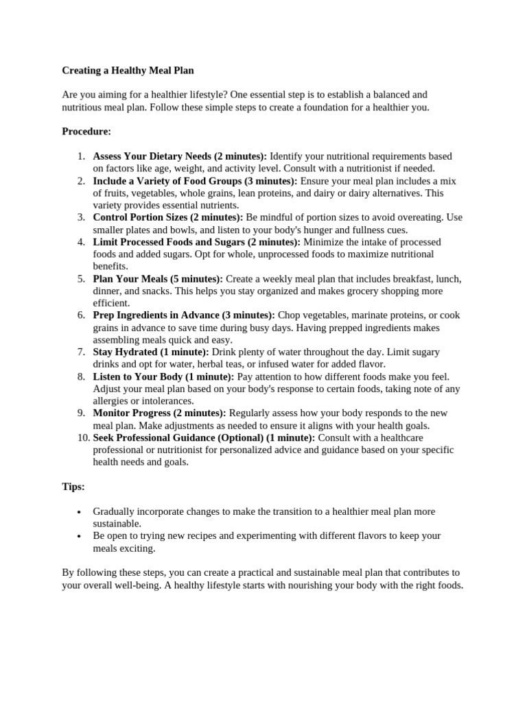 Steps to Create a Healthy Meal Plan | PDF | Meal | Foods