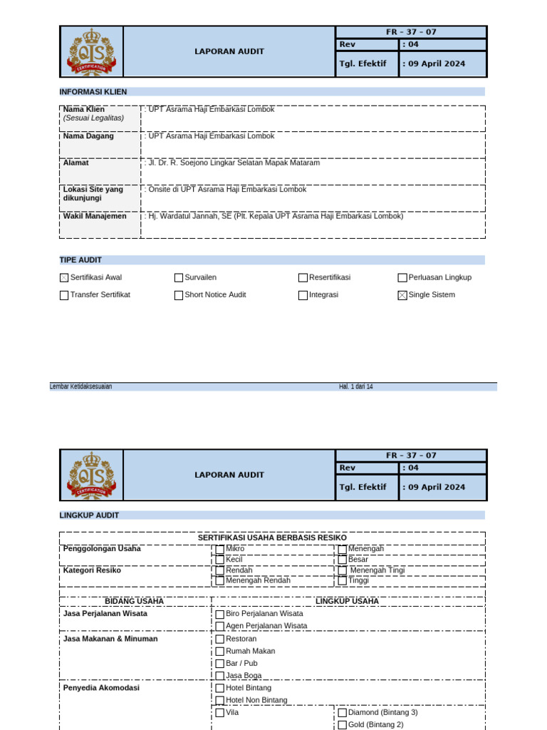 FR - 37 - 07 Laporan Audit & Lembar Ketidaksesuaian Rev 04 - UPT Asrama ...