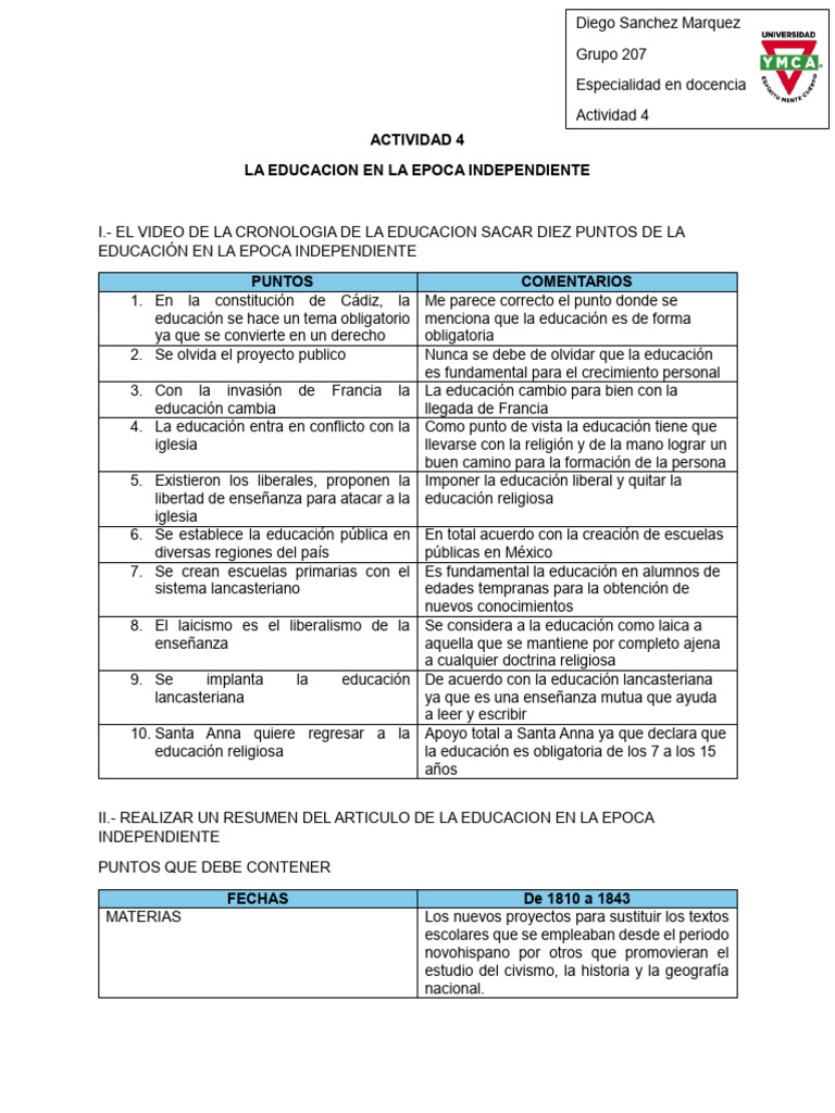 Educación en La Epoca Independiente Resumen (DSM) | PDF | México ...