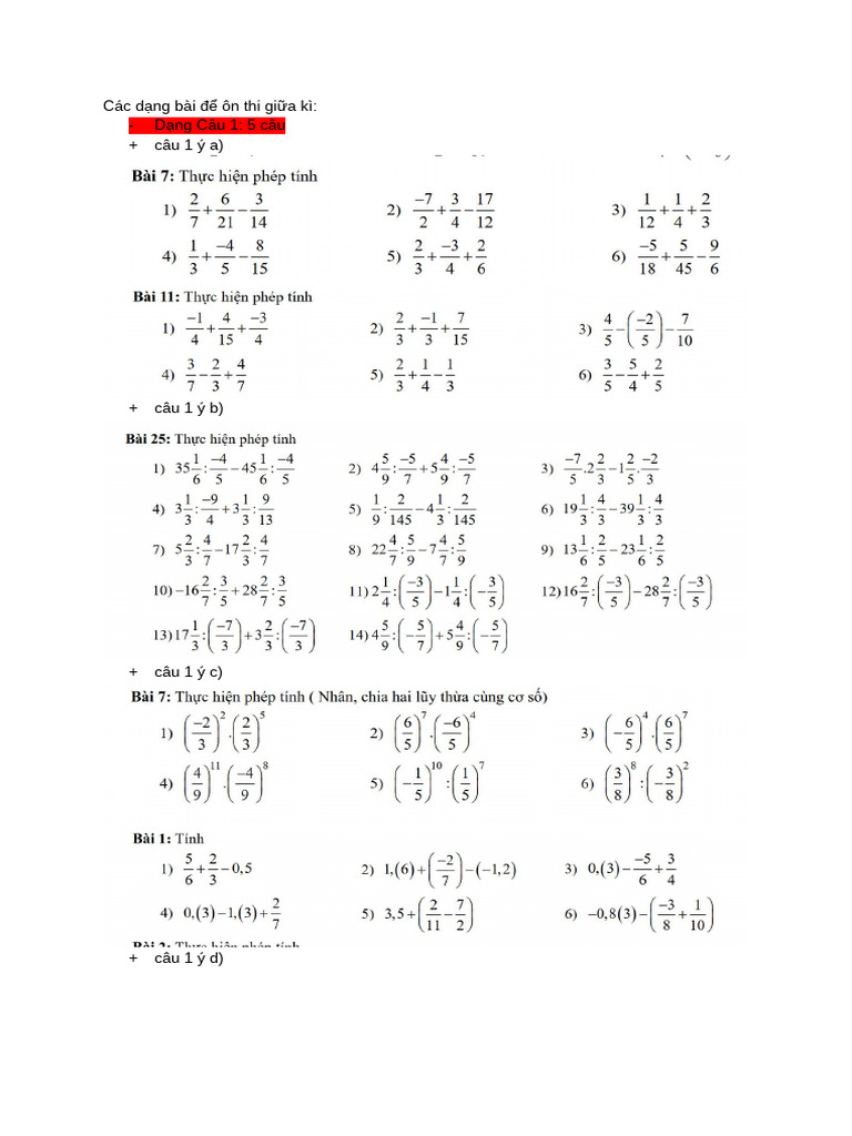 dạng bài ôn tập ktra giữa kì 1 toán 7 | PDF