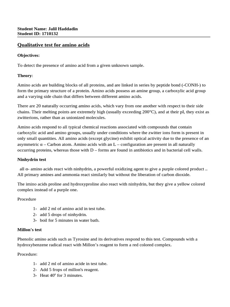 Qualitative Test For Amino Acids | PDF | Amino Acid | Amine