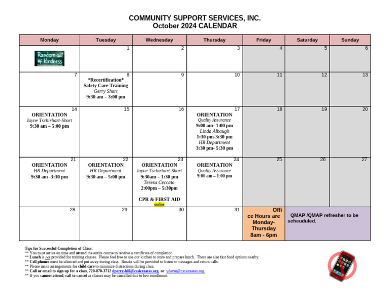 October 2024 Training Calendar For Oct Class | PDF