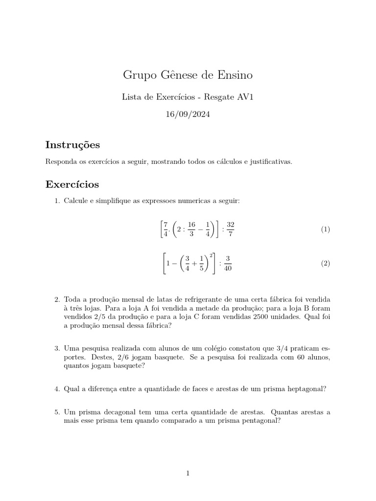 Lista de Exercicios Resgate Av1-2 | PDF