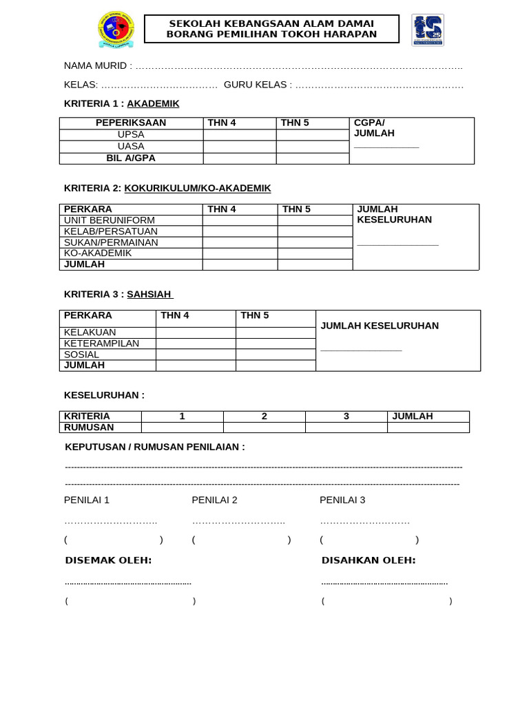 BORANG PEMILIHAN TOKOH PEMIMPIN HARAPAN MURID | PDF