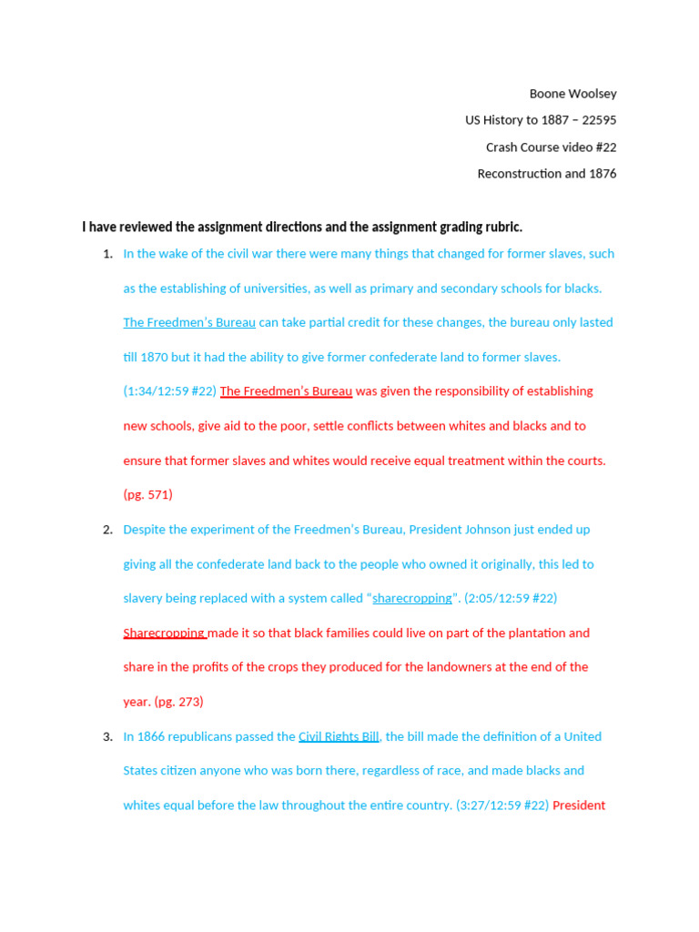 Crash Course Assignment 22 | PDF | Reconstruction Era | Freedman