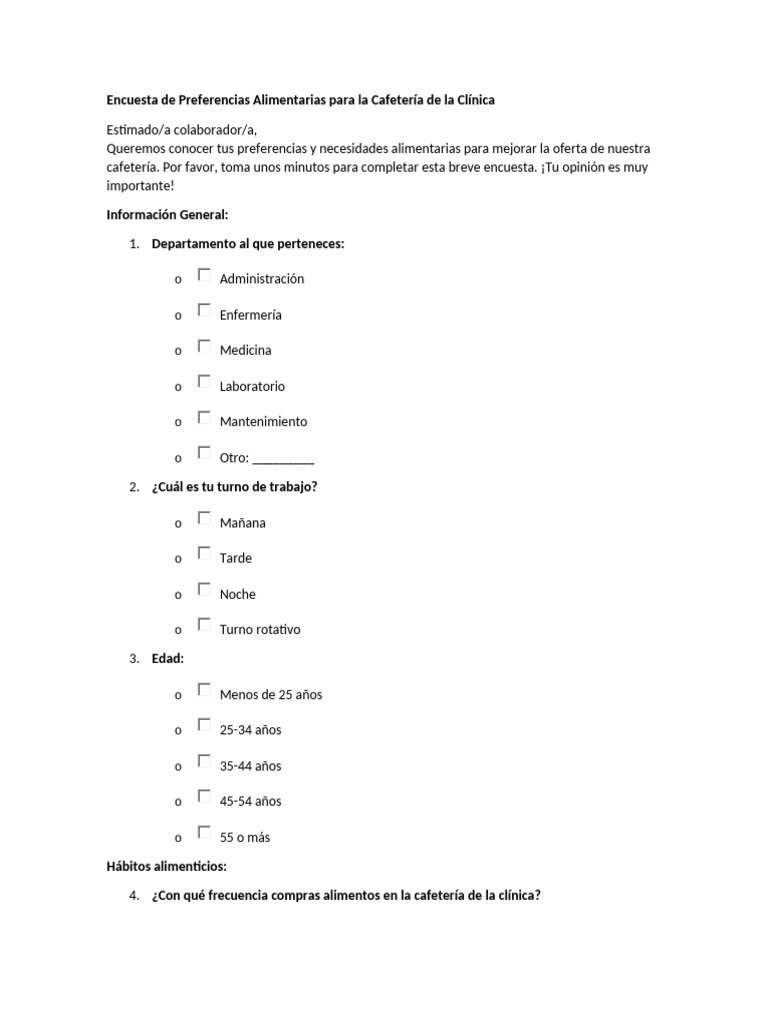 Encuesta de Preferencias Alimentarias para La Cafetería de La Clínica ...