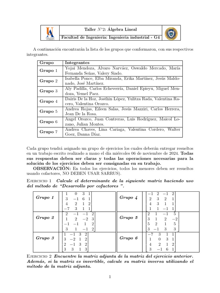Taller 2 Algebra Lineal | PDF | Determinante | Álgebra
