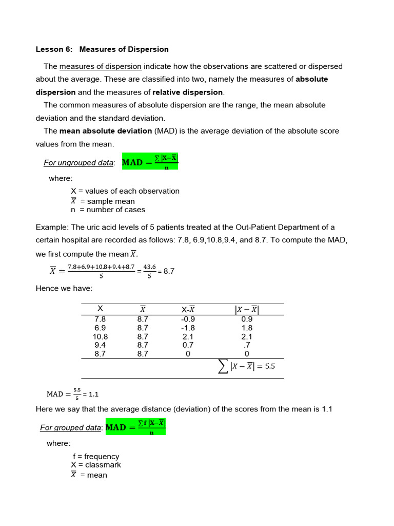 Lesson 6 Measures of Dispersion | PDF | Standard Deviation ...