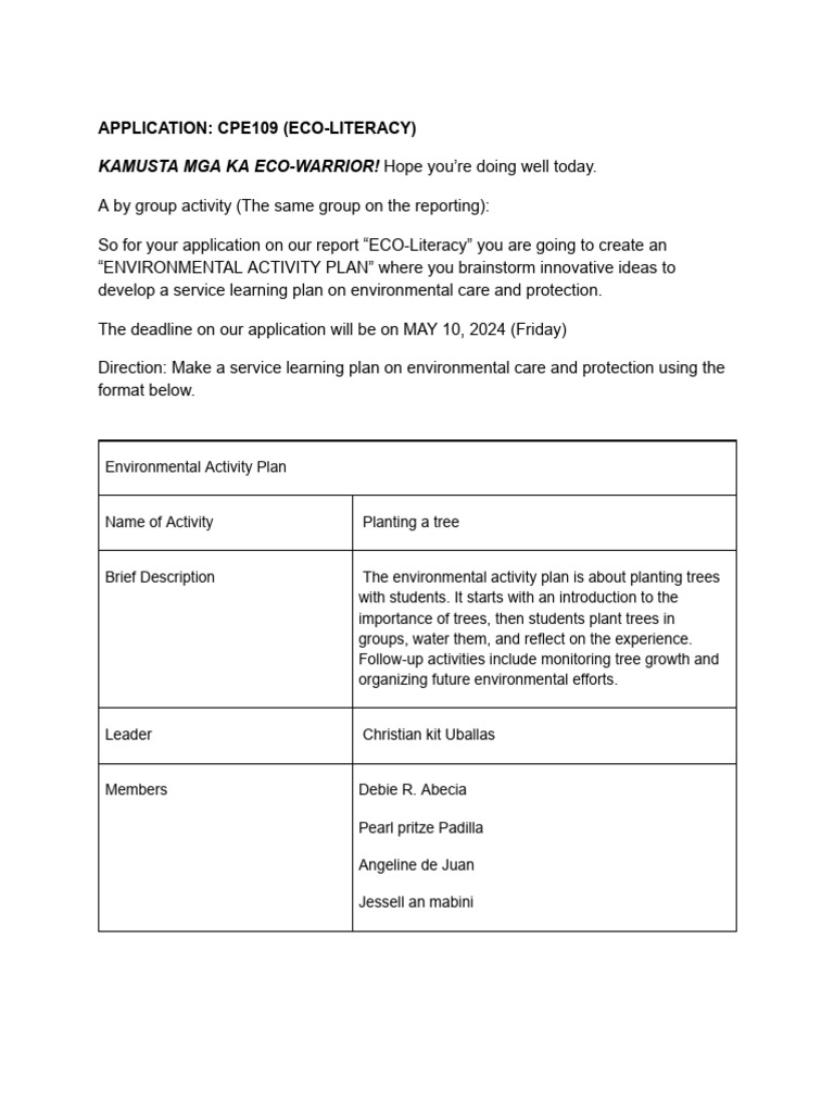 Eco-Literacy Environmental Activity Plan | PDF | Natural Environment