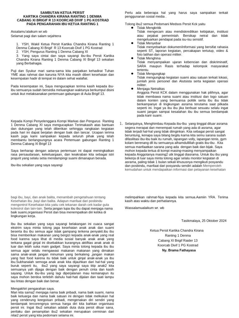 Sambutan Pengarahan Ketua Persit | PDF | Kesehatan Holistik