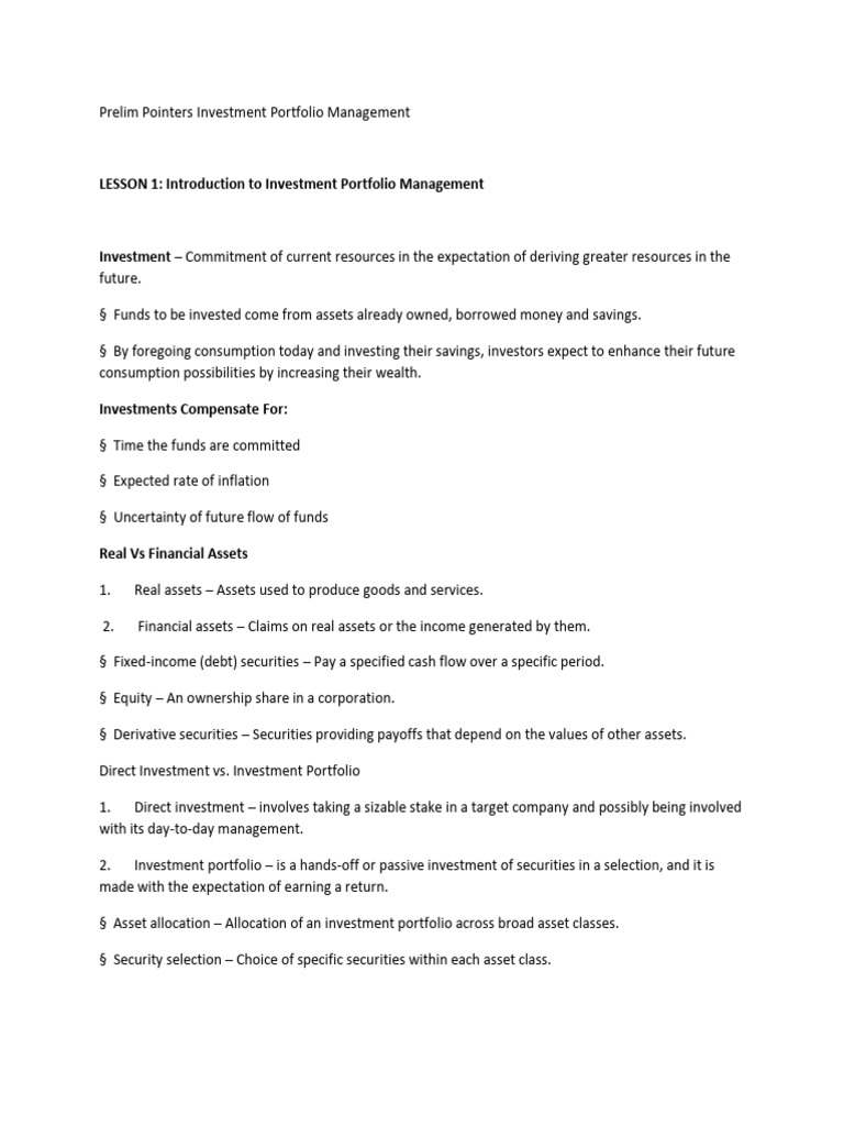 Prelim Pointers Investment Portfolio Management | PDF | Investing ...