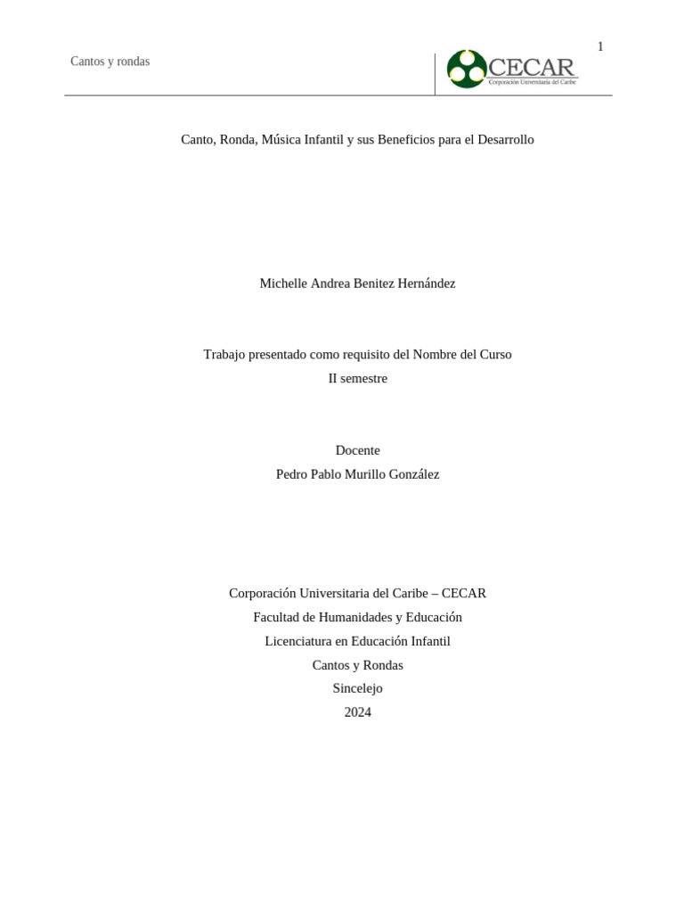 Canro, Ronda, Musica Infantil y Sus Beneficios para El Desarrollo | PDF