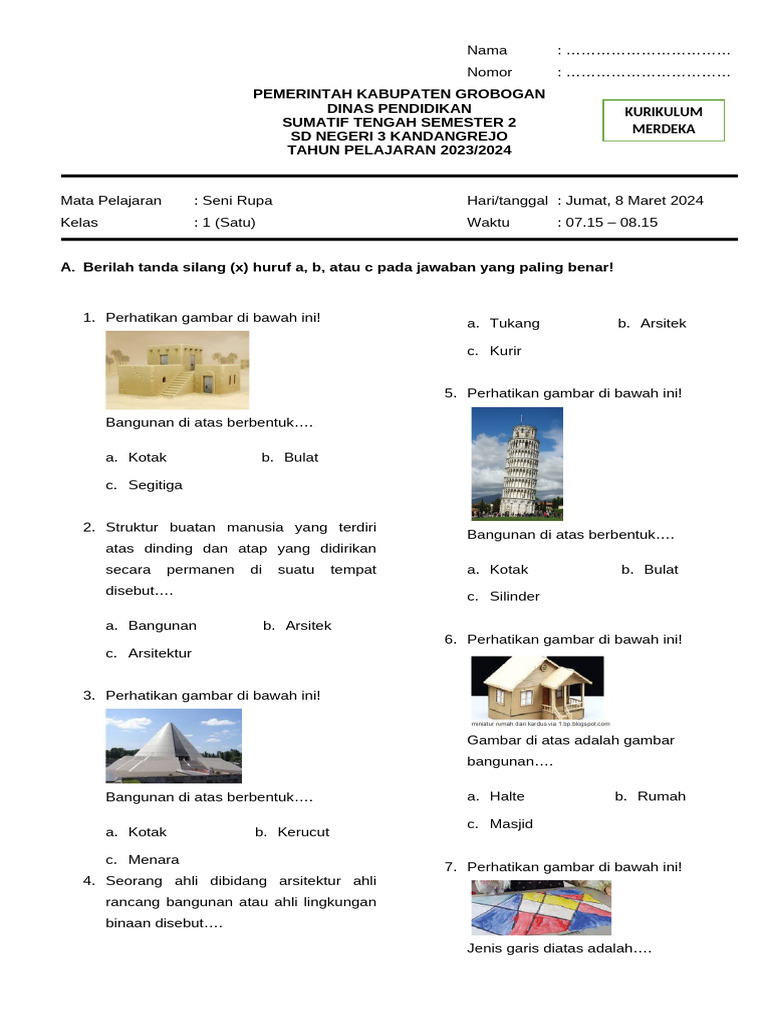 Soal Sumatif PTS Seni Rupa Kelas 1 | PDF