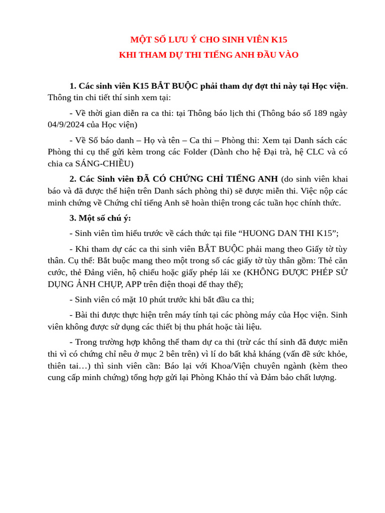 Luu y Cho Sinh Vien k15 | PDF