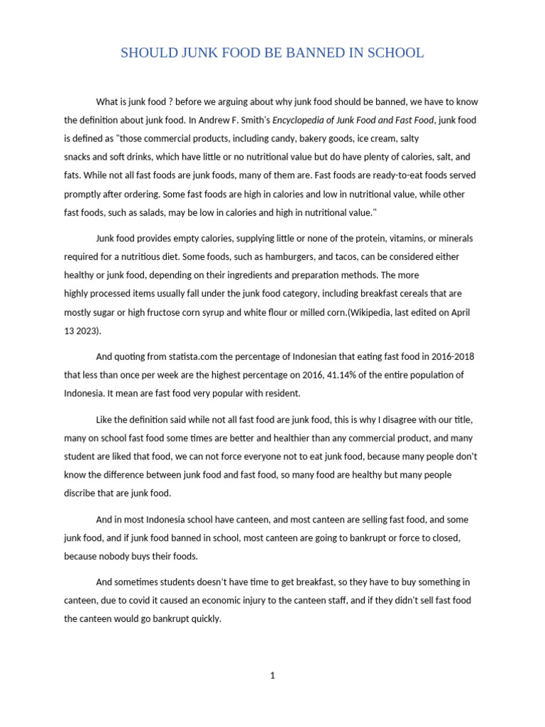 SHOULD JUNK FOOD BE BANNED IN SCHOOL | PDF | Junk Food | Food Industry