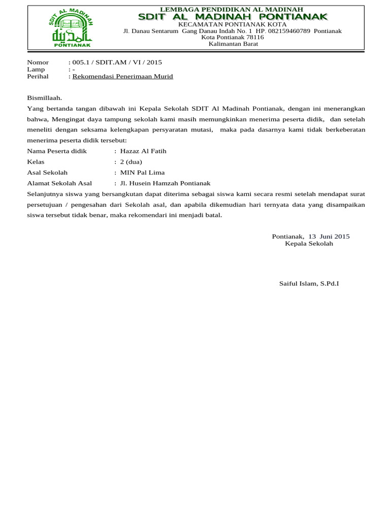 Surat Rekomendasi Penerimaan Murid HAZAZ AL FATIH (13 Juni 2015) | PDF Surat Rekomendasi Penerimaan Murid HAZAZ AL FATIH (13 Juni 2015) | PDF