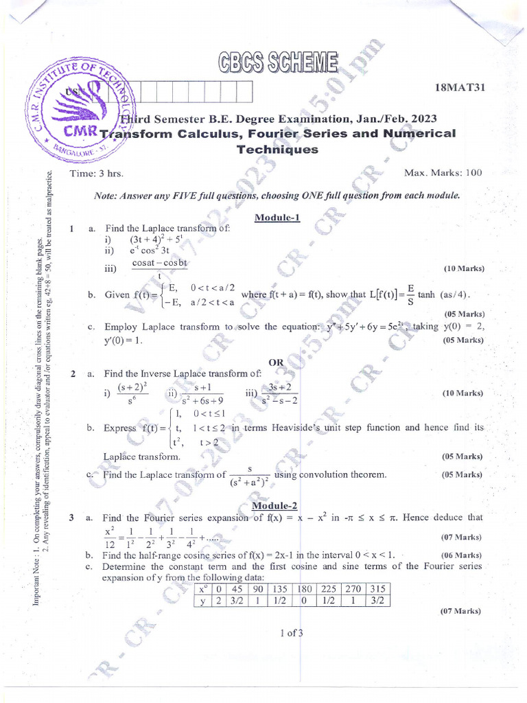 VTU Question Paper of 18MAT31 Transform Calculus, Fourier Series and Numerical Techniques Jan ...