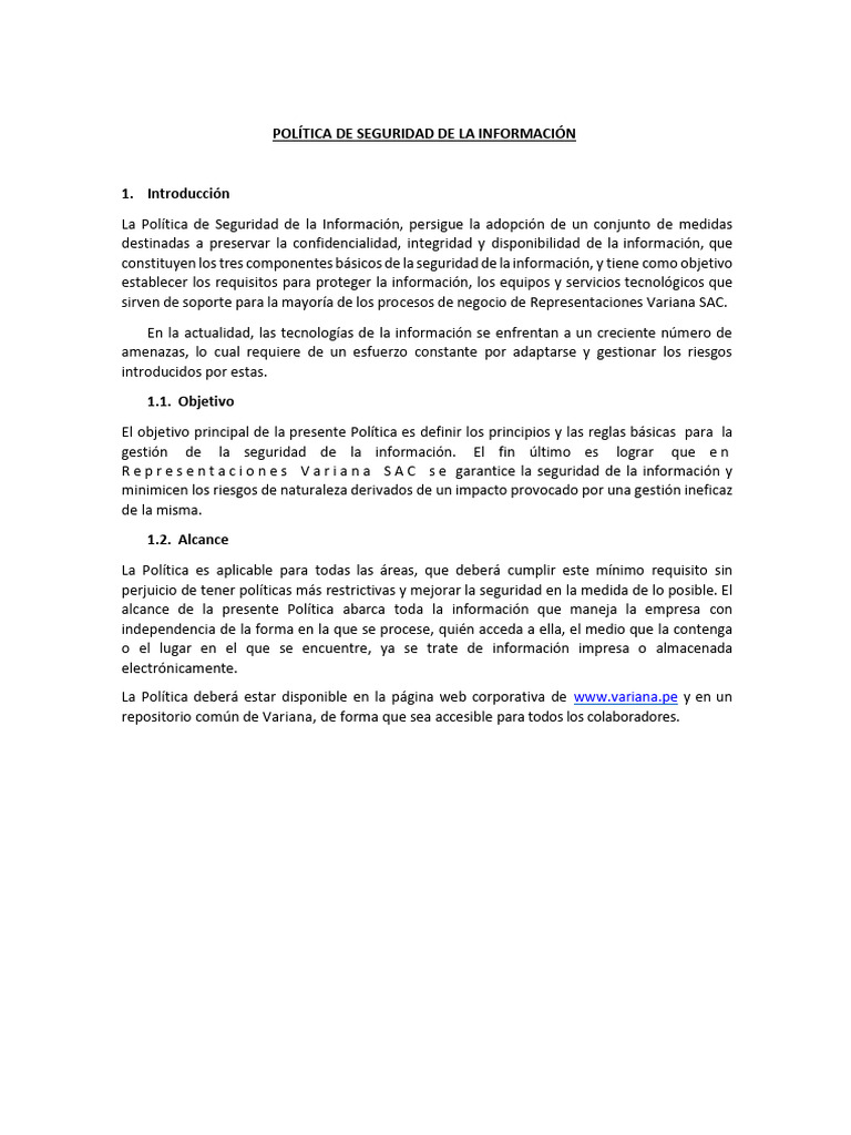 1 Política de Seguridad de La Información - Variana SAC | PDF | La ...