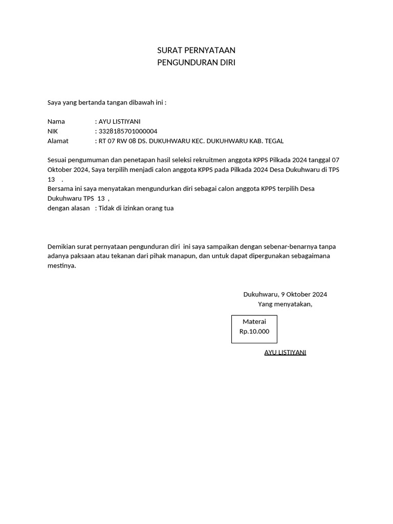 SURAT PERNYATAAN Undur Diri Kpps | PDF