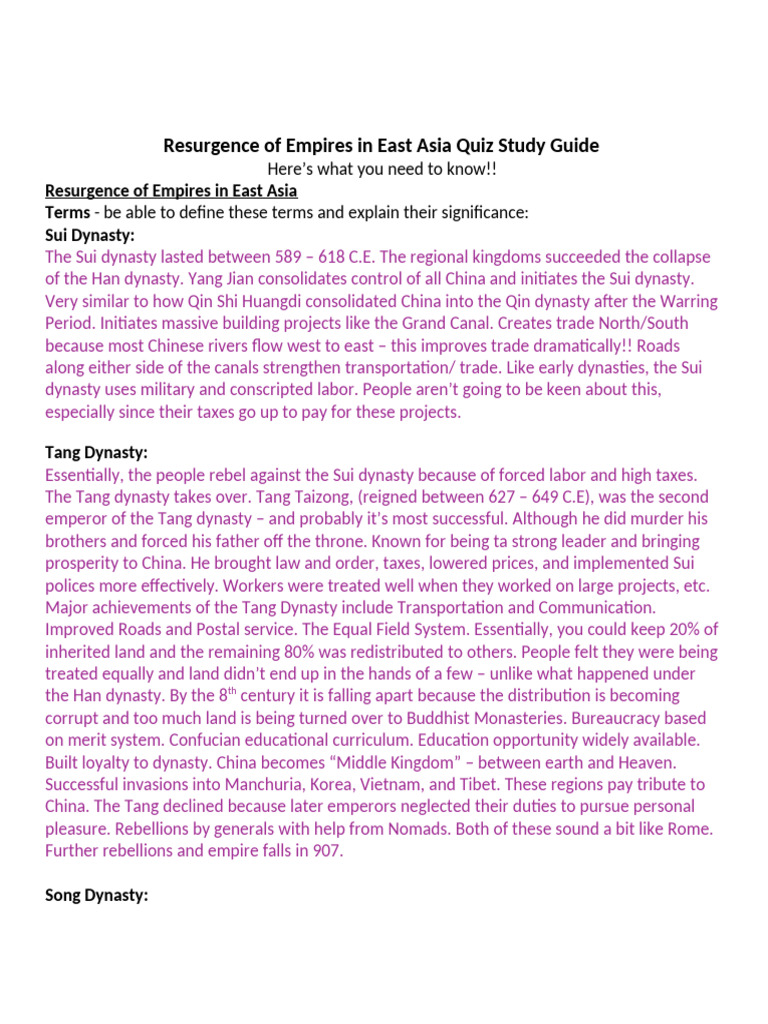 East Asia Empires Study Guide | PDF | Tang Dynasty | China