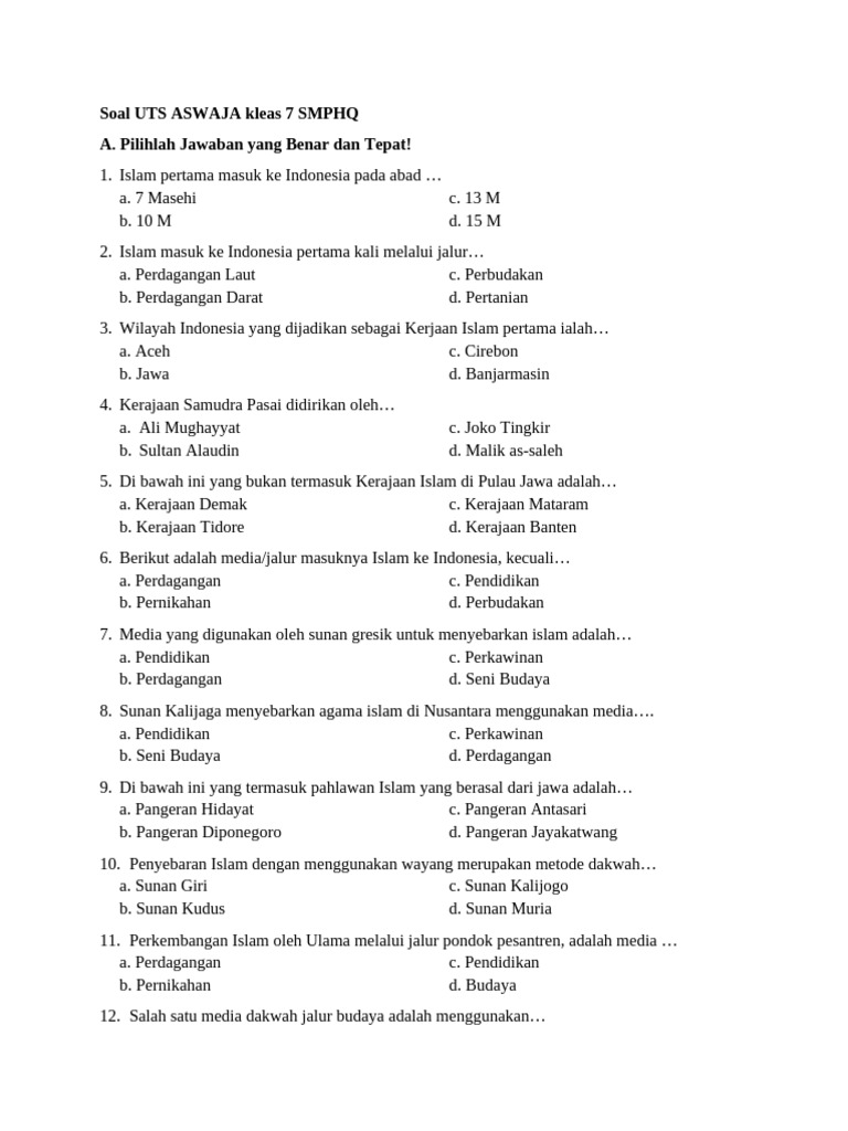 Soal Aswaja Kelas 7 UTS Ganjil 2024 | PDF | Agama & Spiritualitas