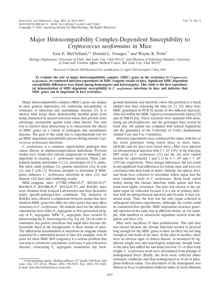 Potts Et Al 2003 Major Histocompatibility Complex Dependent Susceptibility To Cryptococcus ...