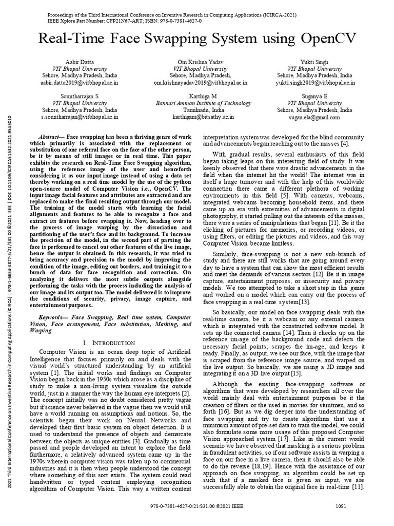 Real-Time Face Swapping System Using OpenCV | PDF | Computer Vision | Machine Learning